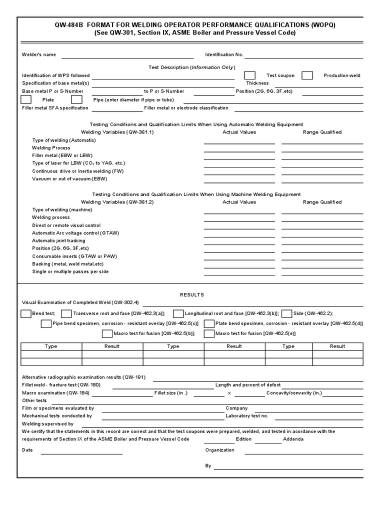 Qw-484B Format For Welding Operator Performance Qualifications (Wopq ...