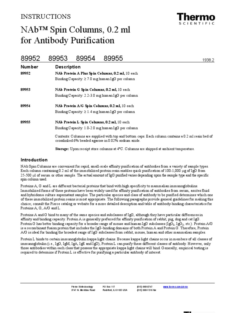 Nab™ Spin Columns, 0.2 ML For Antibody Purification: Instructions | PDF ...