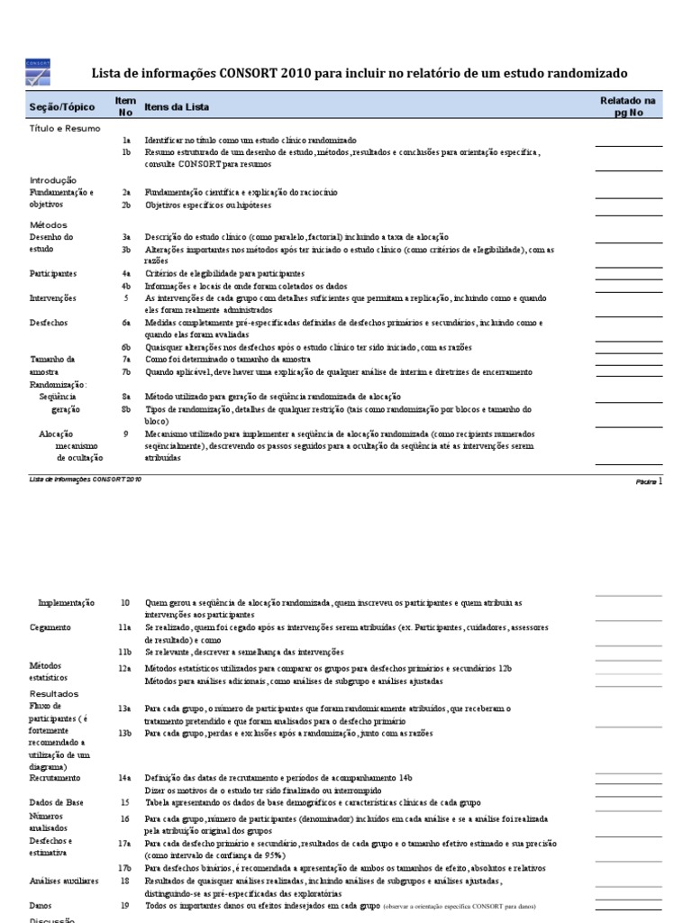 CONSORT Checklist Portuguese - Word | PDF | Teste clínico | Dados