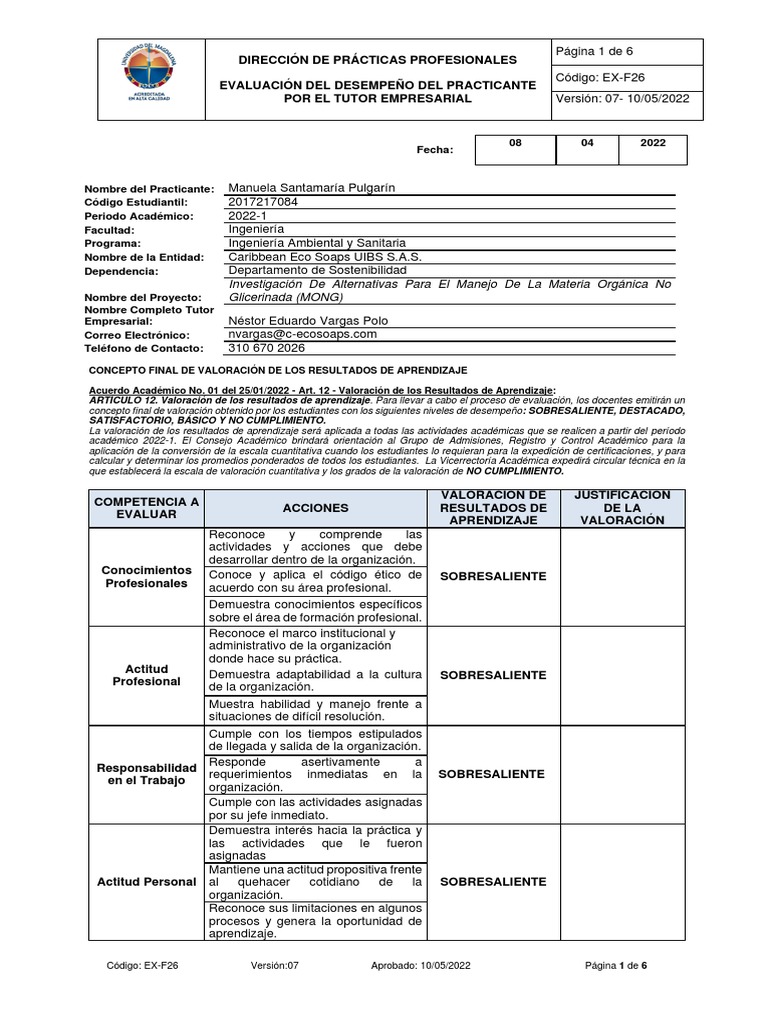 EX-F26 Evaluación Del Desempeño Del Practicante Por El Tutor Empresarial v7 1 | PDF | Evaluación ...