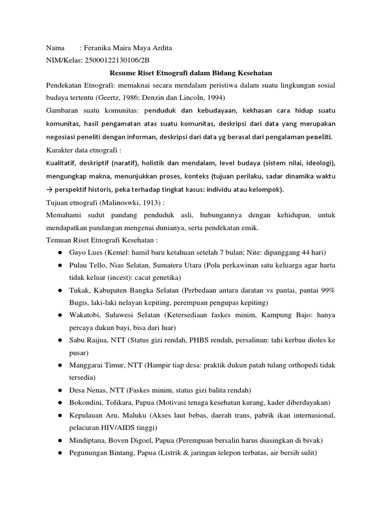Feranika Maira Maya Ardita - 2B - 25000122130106 - Resume Riset Etnografi Dalam Bidang Kesehatan ...