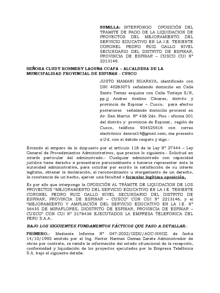 Escrito de Oposicion | PDF | Gobierno Escrito de Oposicion | PDF | Gobierno