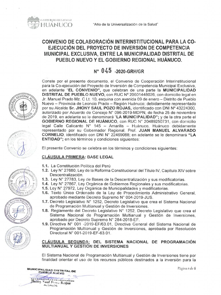 Convenio de Colaboracion Interinstucional para La Ejecucion Del Proyecto de Inversion | PDF