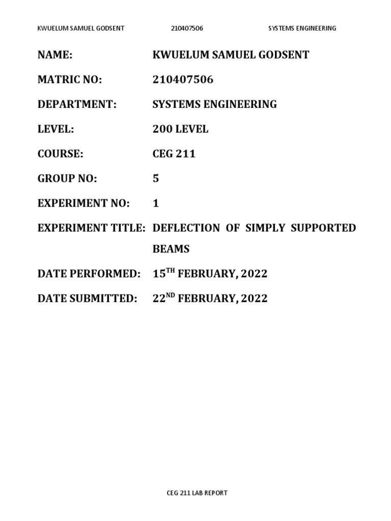 Ceg 211 Lab - Experiment 1 (Deflection of Beams) | PDF | Beam ...