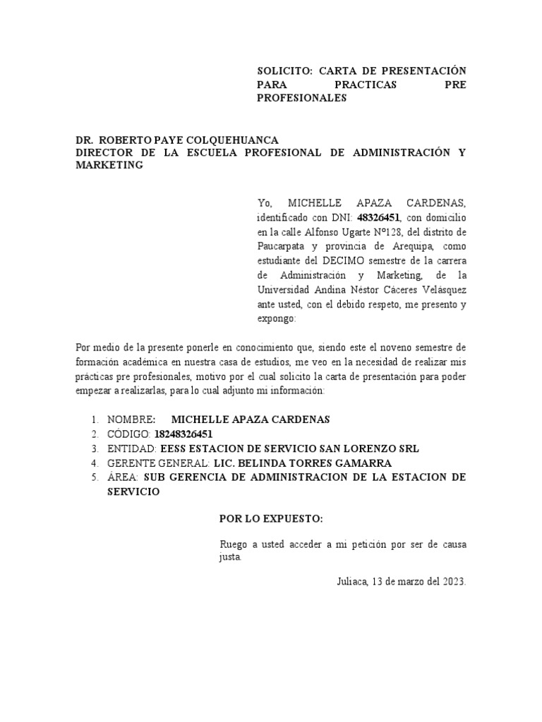 Modelo de Solicitud de Practica. Marketings | PDF