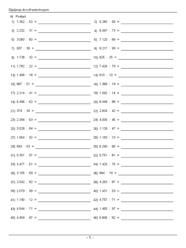 21a. Dijeljenje Dvocifrenim Brojem - Zadaci | PDF