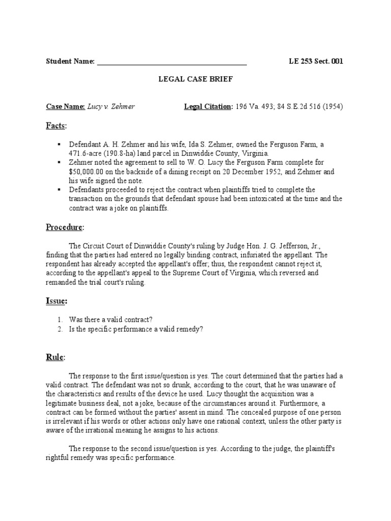 REVISED LE 253 Legal Case Brief Writing Assignments | PDF | Offer And ...