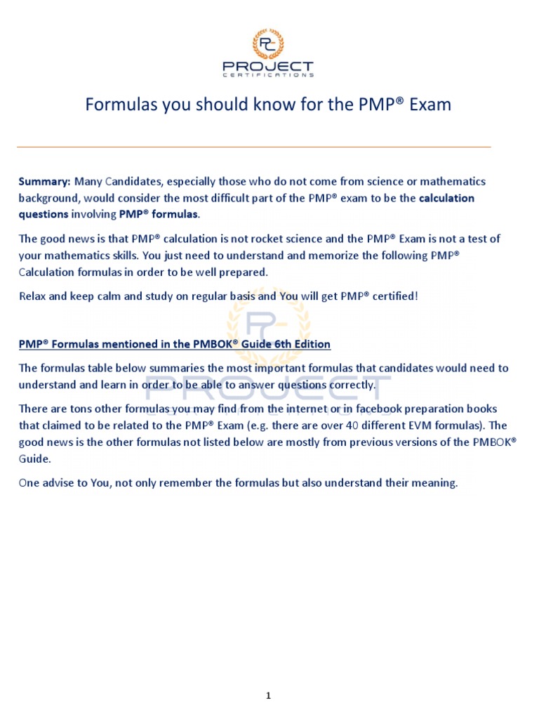 Formulas To Pass PMP Exam PDF | PDF | Finance & Money Management