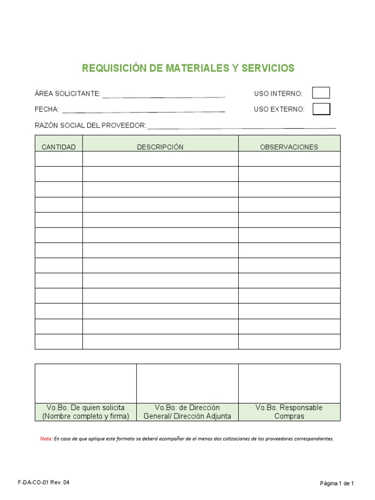 F-DA-CO-01 Rev.04 Requisición de Materiales y Servicios | PDF