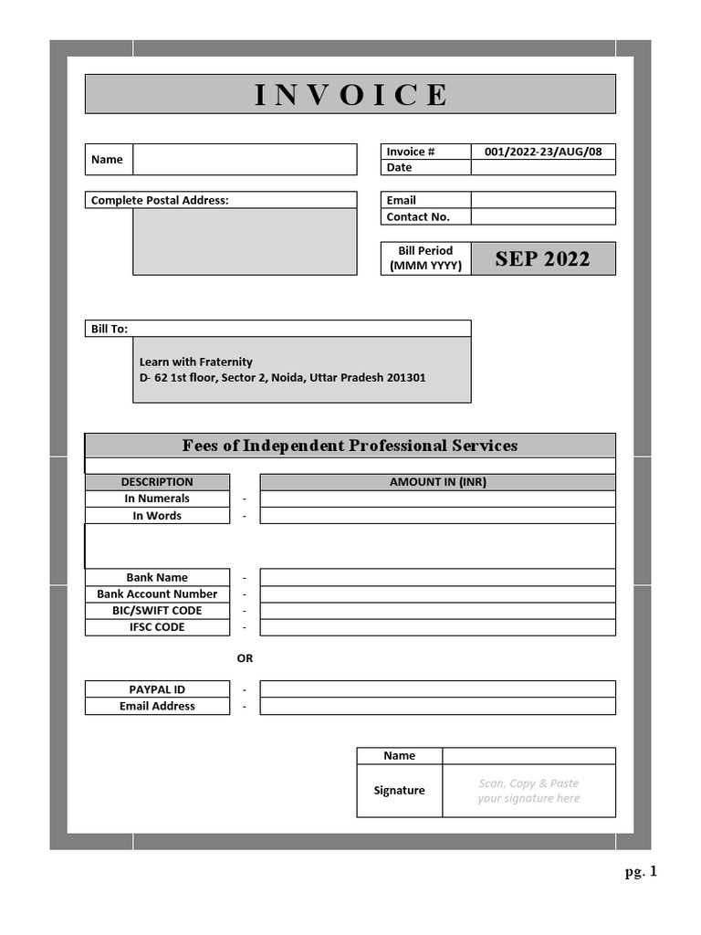 INVOICE (Bill Performa - Name - Month 2022) | PDF