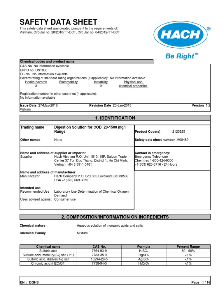Digestion Solution For COD 20-1500 MGL - SDS - E PDF | PDF | Toxicity ...
