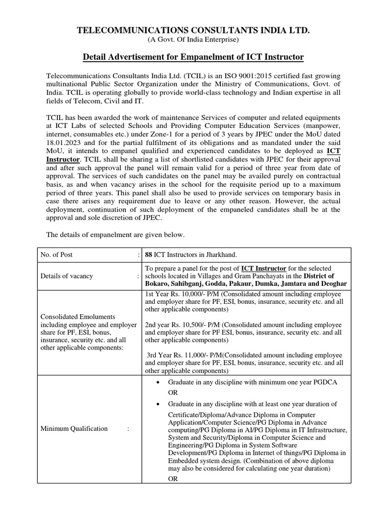 Notification TCIL ICT Instructor Posts PDF | PDF | Diploma ...