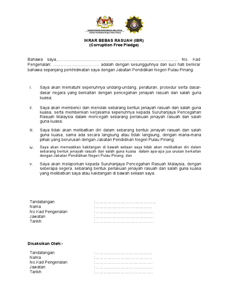 Template Ikrar Bebas Rasuah | PDF