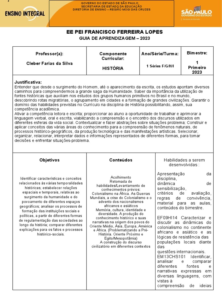 Guia de Aprendizagem Historia 1 Fghi Bimestre 2023 FFL Tarde | PDF ...