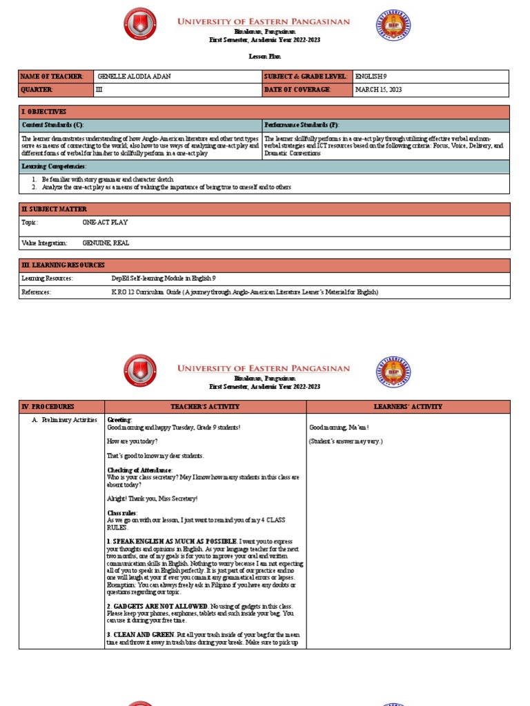 English 9 One-Act Play Lesson Plan | PDF | Plot (Narrative) | Reading ...