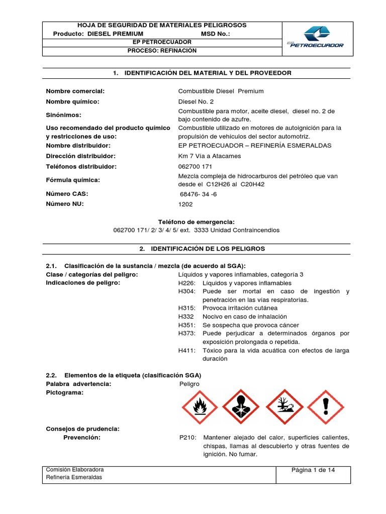 MSDS Diesel Premium | PDF | Residuos | Agua