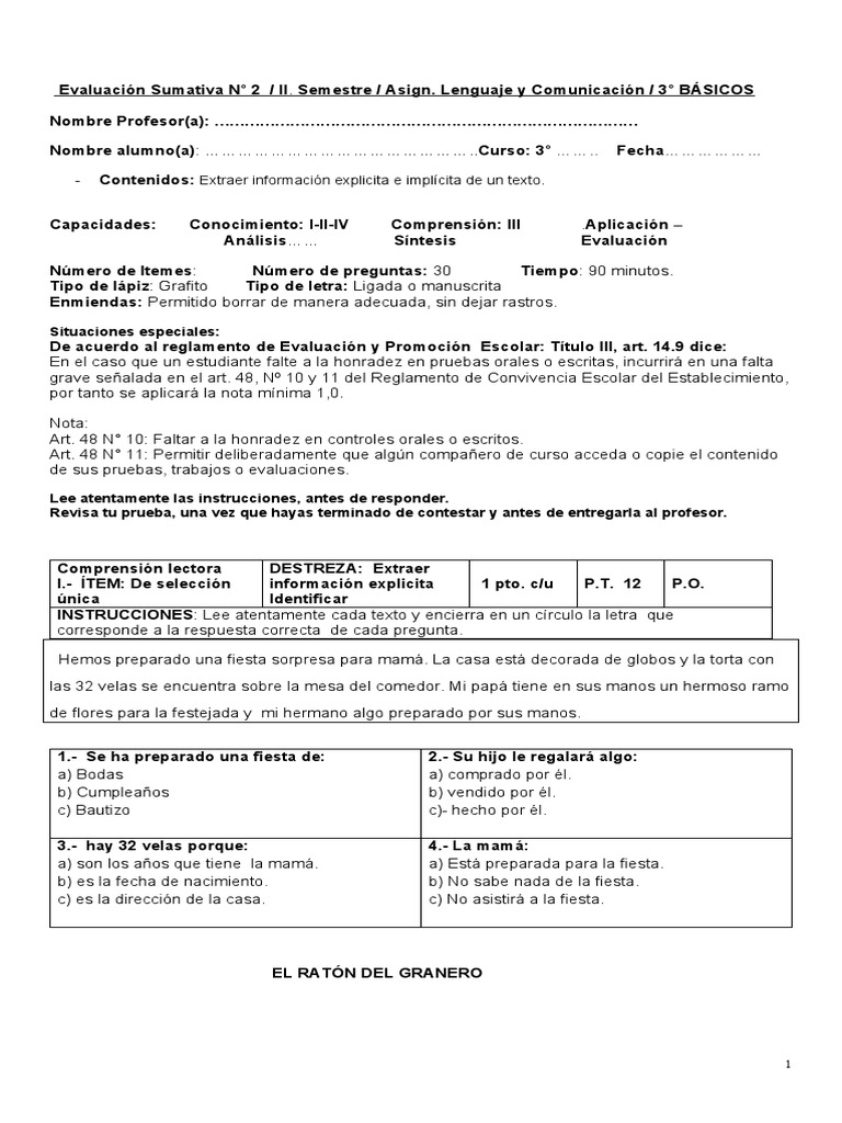 Guia de Comprension Lectora | PDF | Cumpleaños