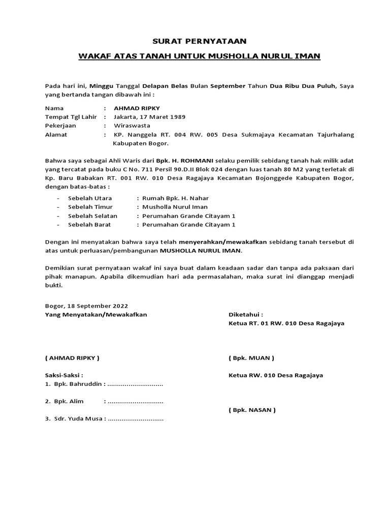 Contoh Surat Pernyataan Wakaf Untuk Musholla | PDF