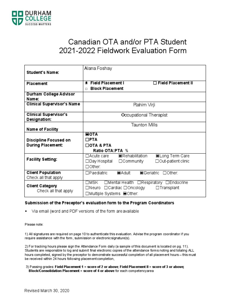2021-2022 OTA/PTA Fieldwork Evaluation Form | PDF | Communication | Informed Consent