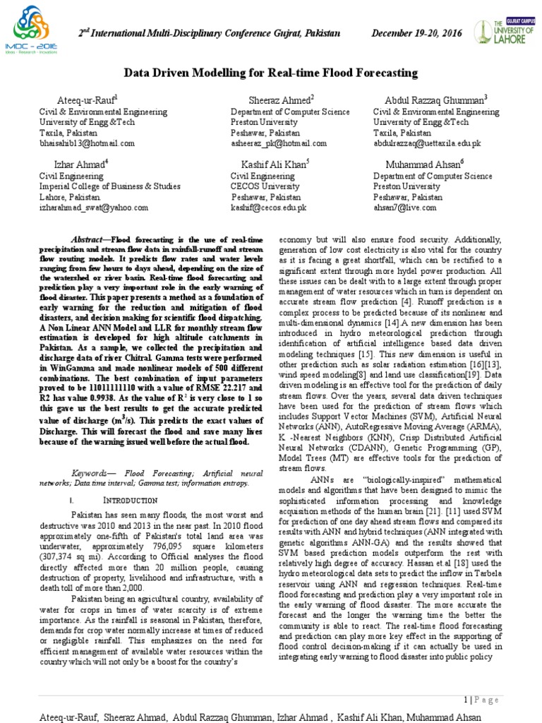 Data Driven Modelling For Real Time Flood Forecasting Pdf Flood Prediction