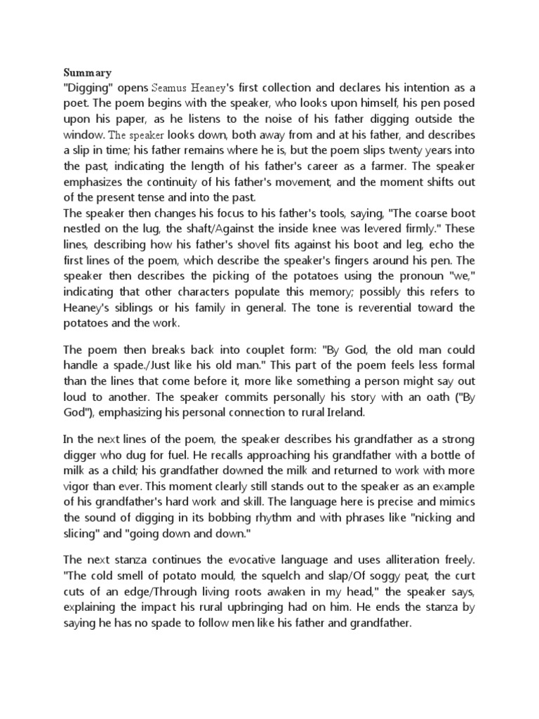 Analysis of Heaney's "Digging" Poem | PDF | Poetry