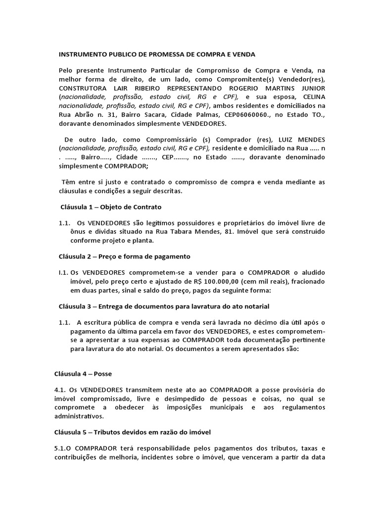 Contrato De Compromisso De Compra E Venda Oficina De Pratica Pdf