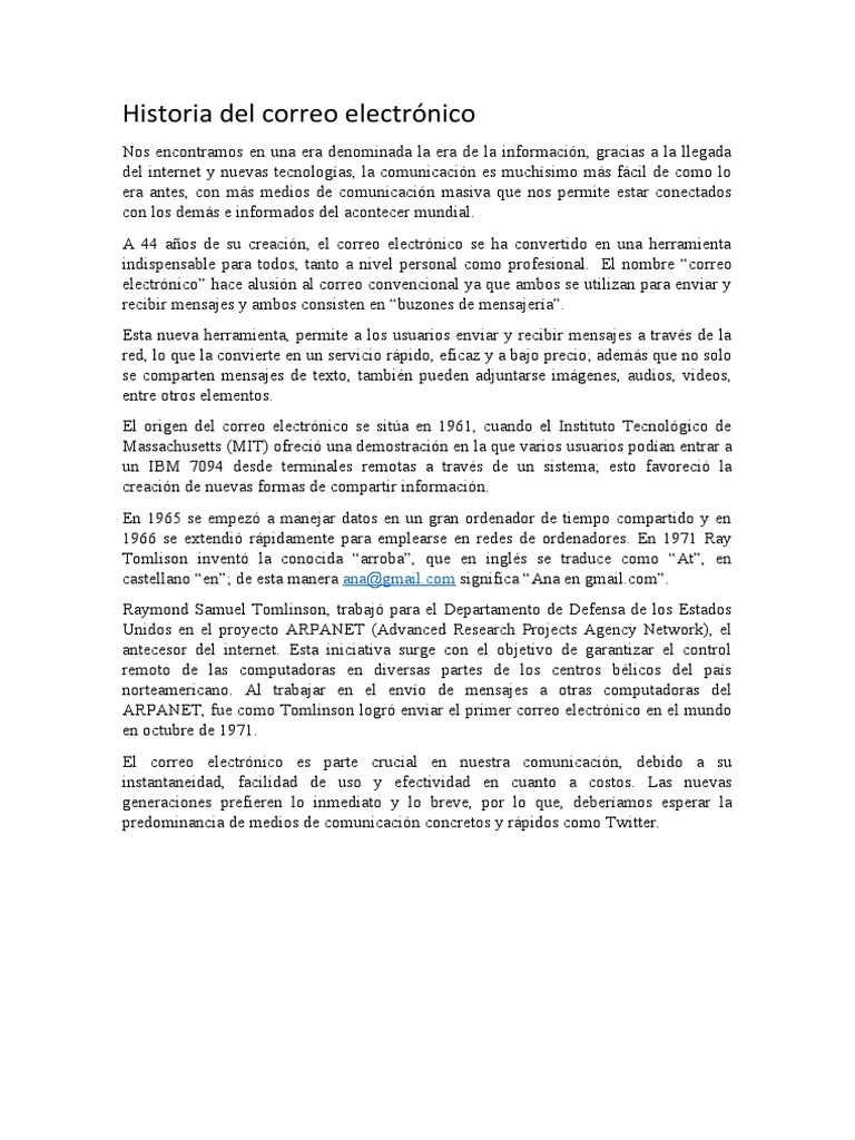 Historia Del Correo Electrónico | PDF | Telecomunicaciones | Internet