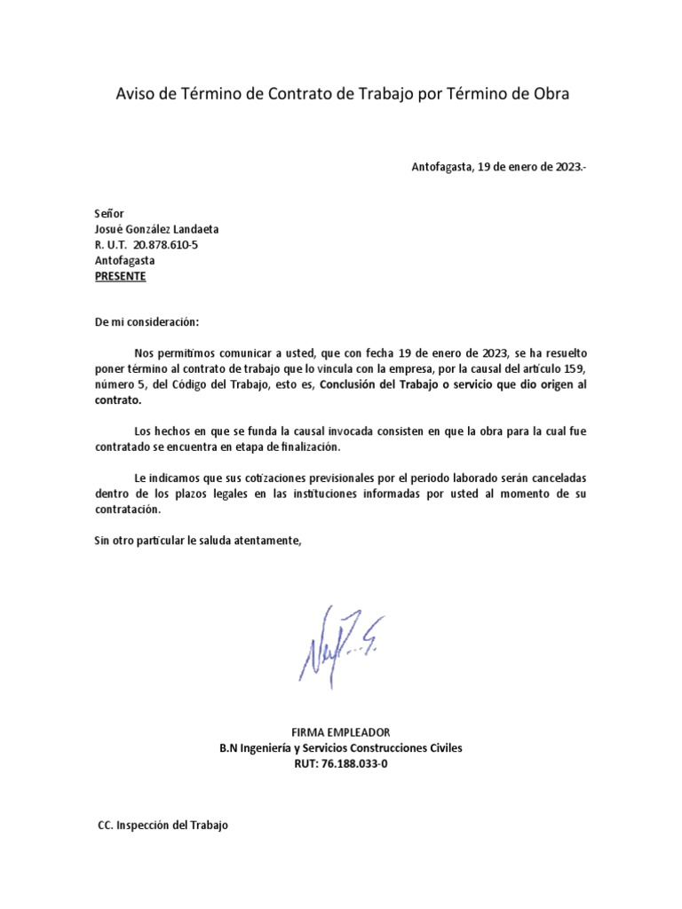 Carta Aviso Por Término de Obra Josue Gonzalez | PDF