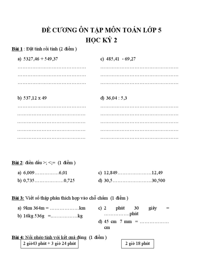 De Cuong On Tap Hoc Ki 2 Mon Toan Lop 5 | PDF