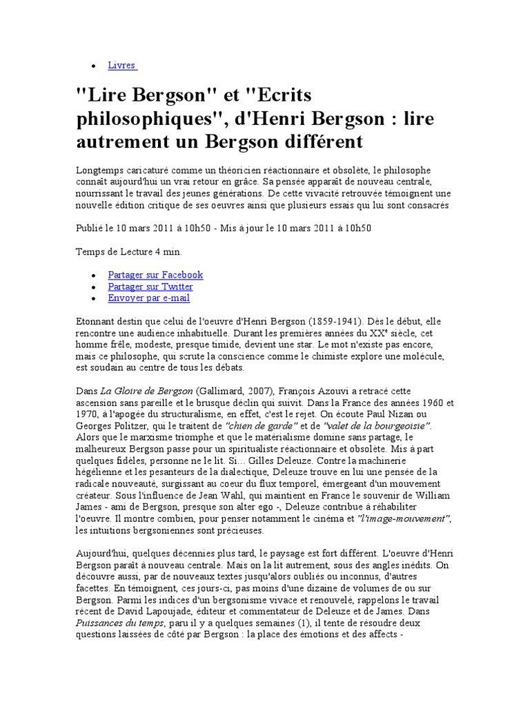 Lire Bergson Et Ecrits Philosophiques, D'henri Bergson | PDF | Henri ...