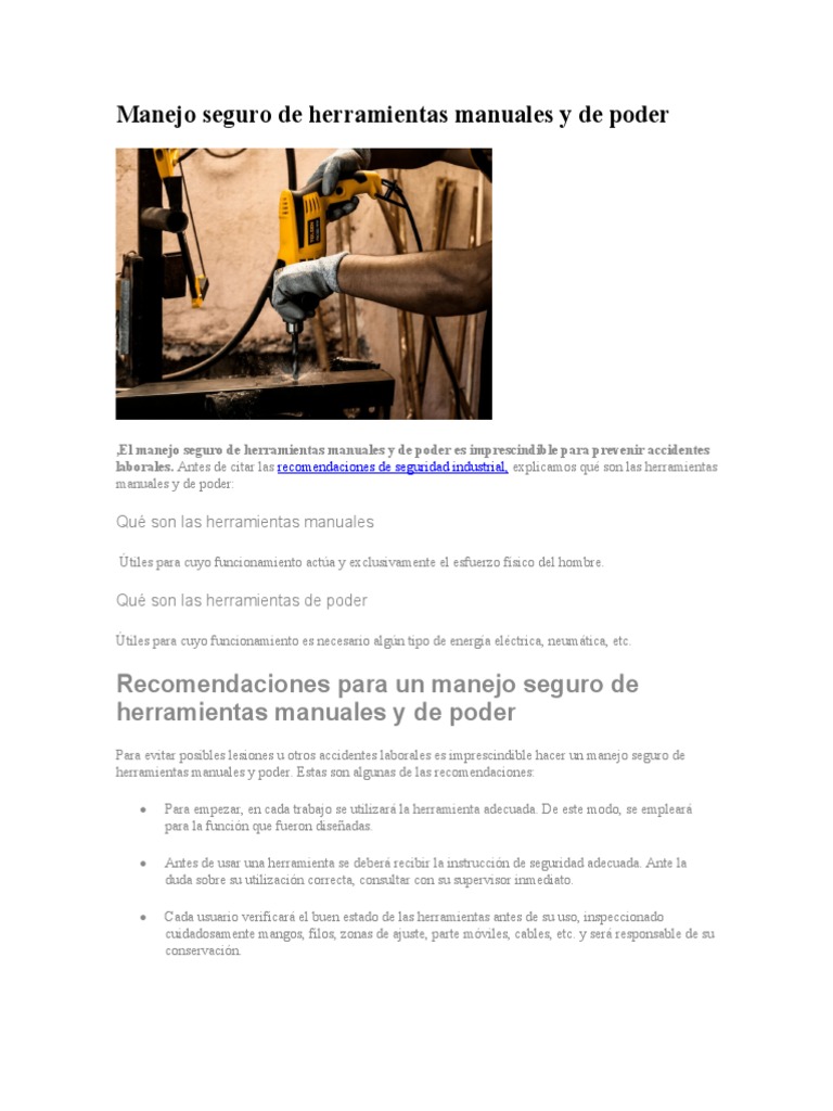 Manejo Seguro de Herramientas Manuales y de Poder | PDF | Herramientas ... Manejo Seguro de Herramientas Manuales y de Poder | PDF | Herramientas ...