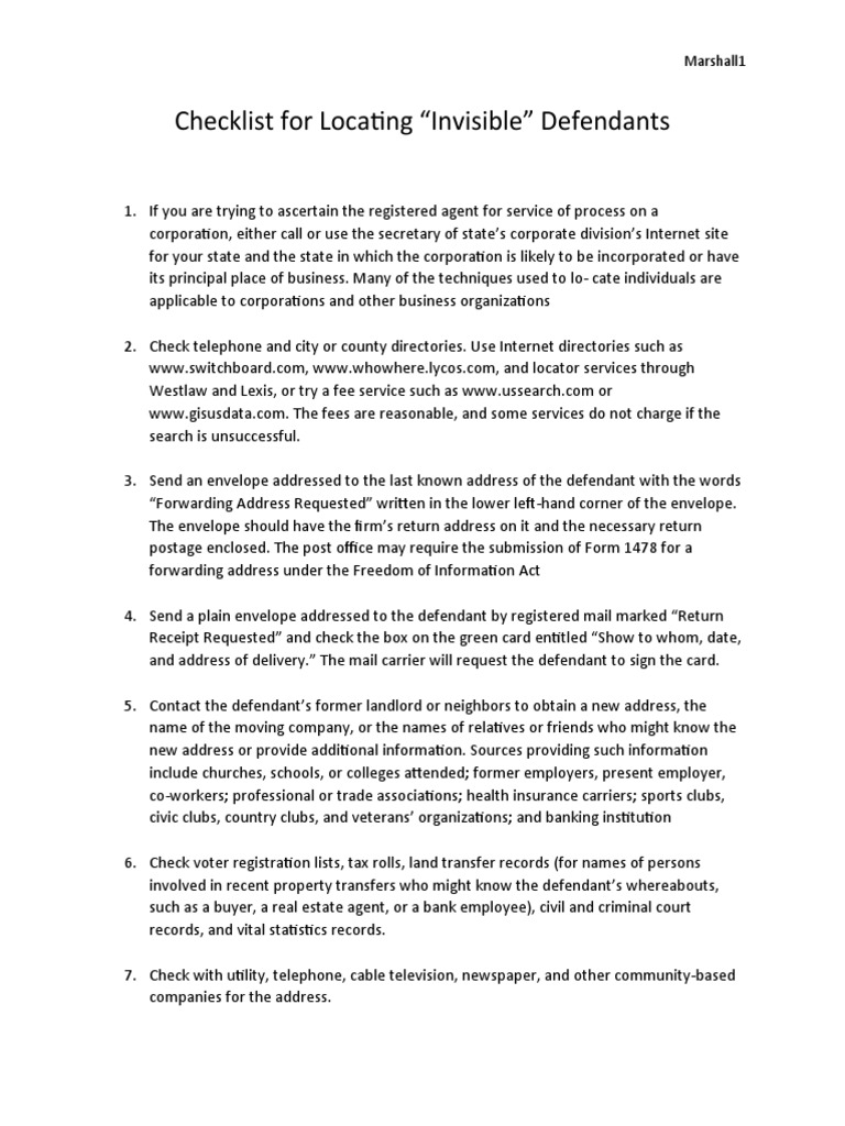 Checklist for Finding Elusive Defendants | PDF | Mail | Common Law