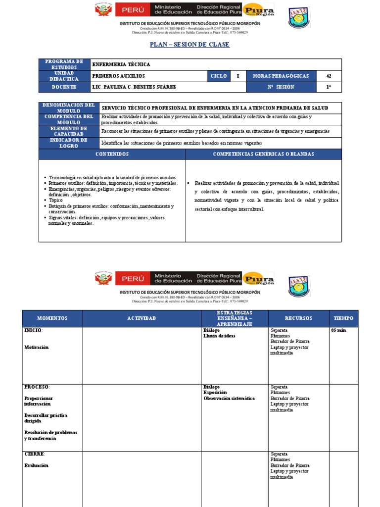 Plan Sesion de Clase Semana 1 | PDF | Primeros auxilios | Modificación ...