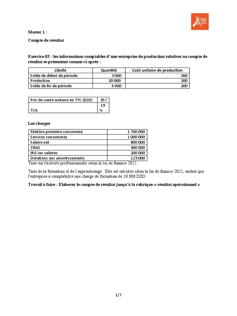 Exercice Compte de Résultat Avec Corrigé Type | Descargar gratis PDF | Dépréciation | Taxe sur ...