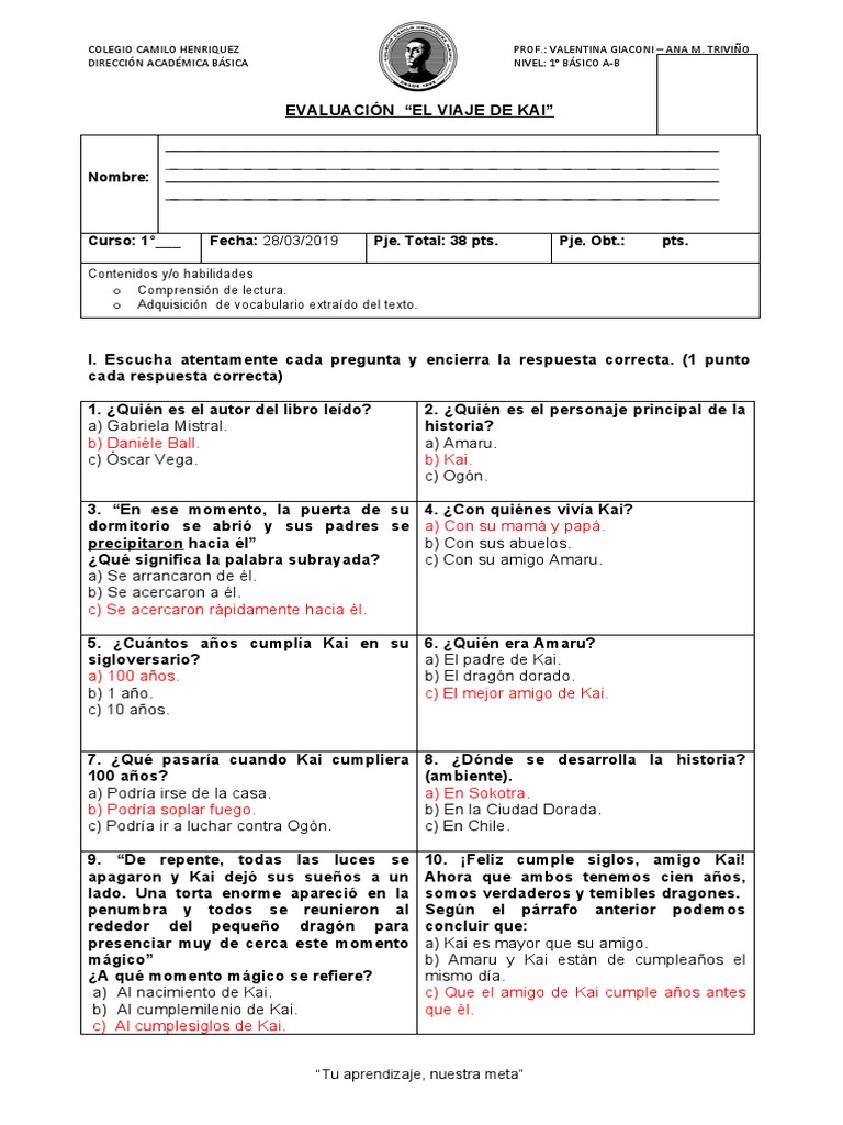 1°básico Control de Lectura Marzo El Viaje de Kai | PDF | Cumpleaños