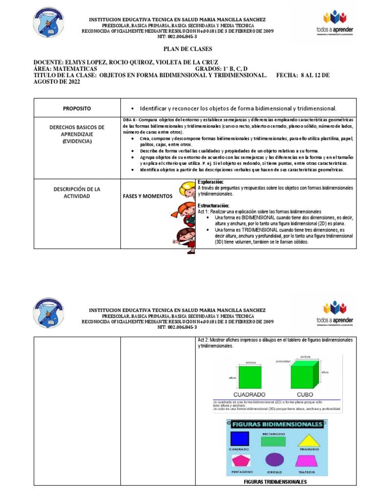 Plan de Clases 1° Grado Forma Bidimensional y Tridimencional | PDF ...