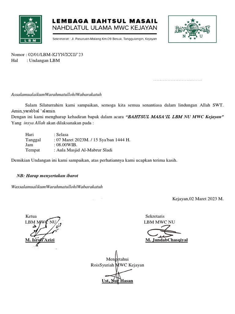 Undangan LBM MWC KEJAYAN PDF | PDF