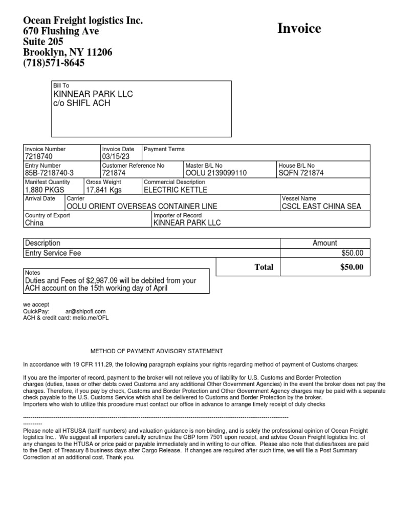 Invoice 7218740 | Download Free PDF | Customs | Payments