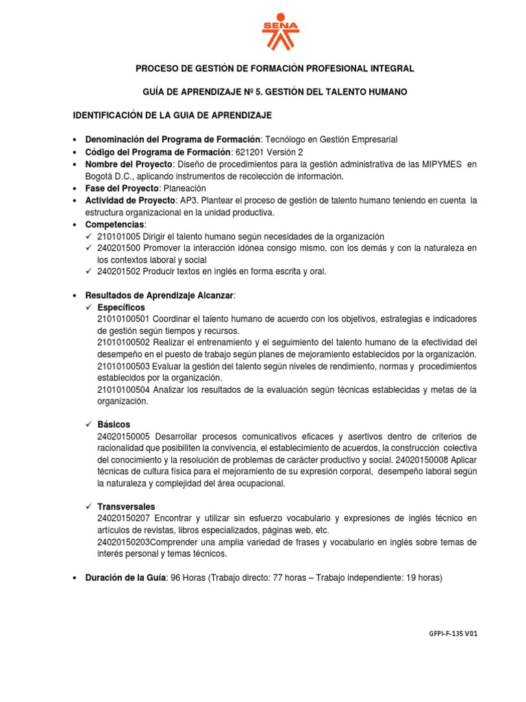 GUÍA NUEVA GFPI-F-135 - Guia de Aprendizaje 05. Gestion Del Talento Humano | PDF | Gestión de ...