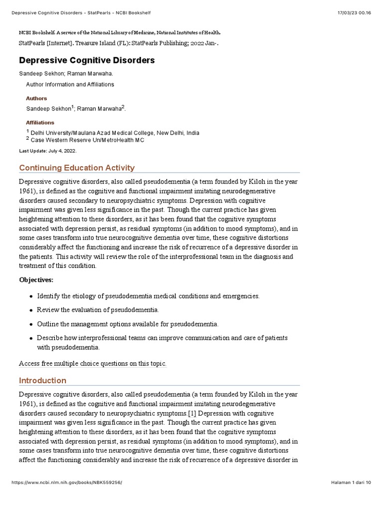 Depressive Cognitive Disorders - StatPearls - NCBI Bookshelf | PDF ...