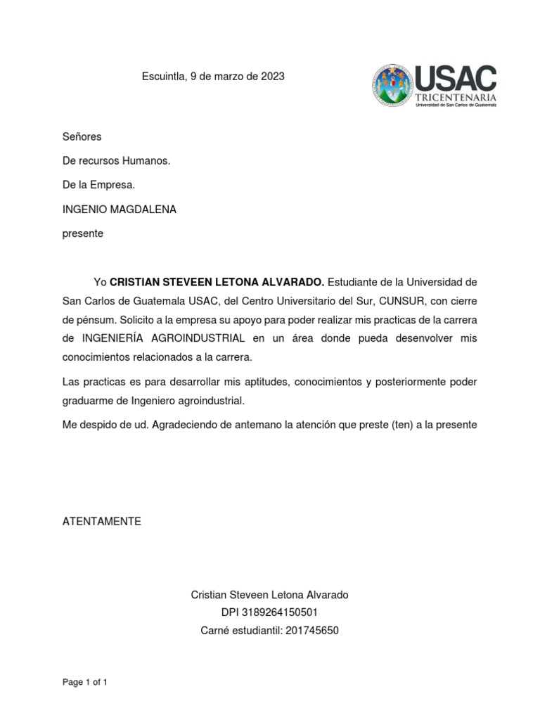 Carta de Solicitud de Practicas | PDF