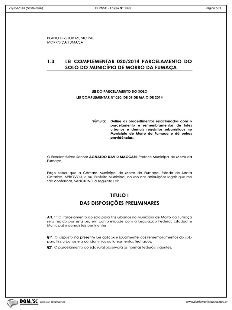 Lei Comp 020 2014 Parcelamento Do Solo | PDF