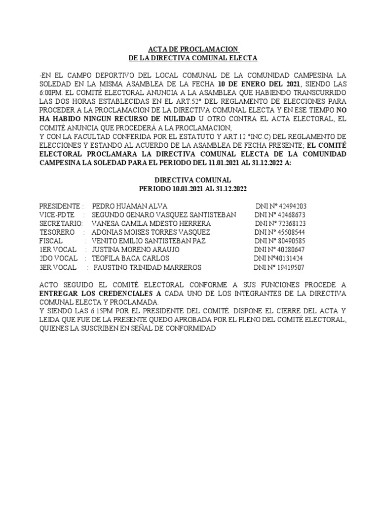 Acta de Proclamacion | Descargar gratis PDF | Votación | Gobernancia