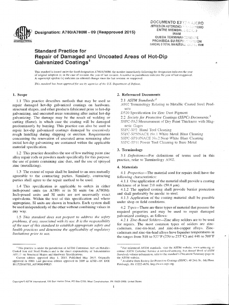 ASTM-A780 A780M-2009-Std Practice For Repair of Damaged and Uncoated ...