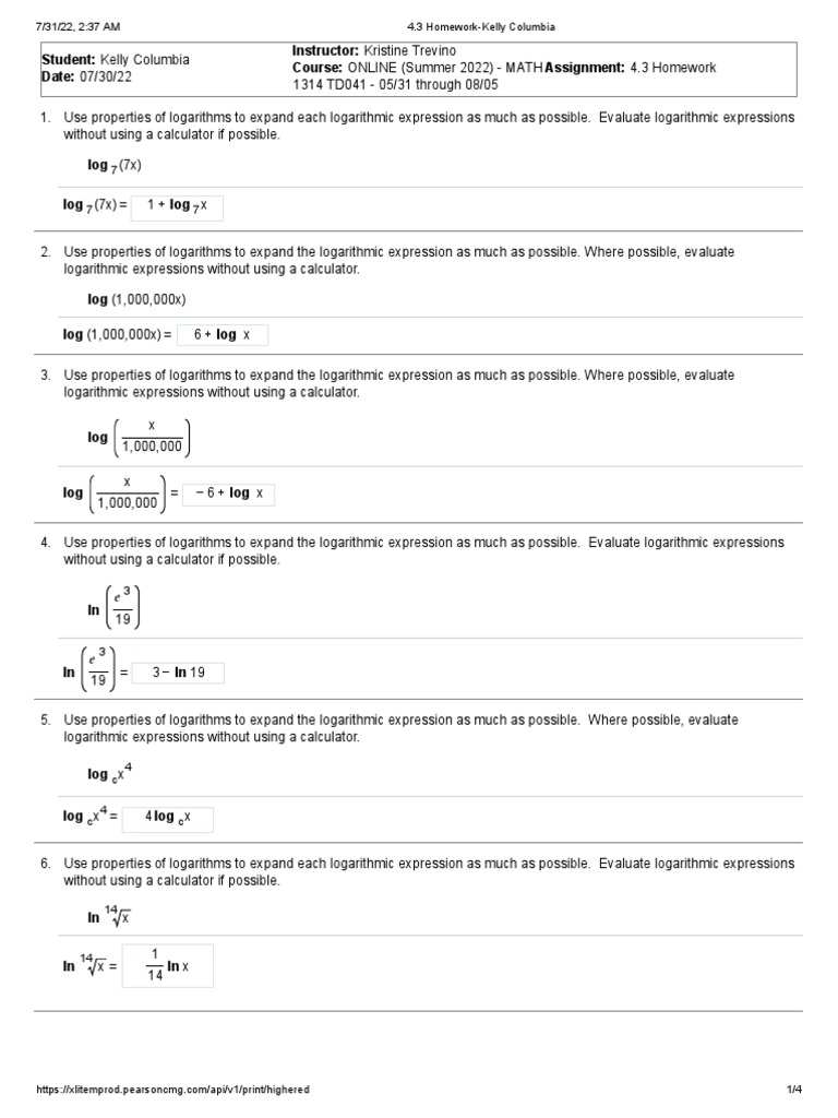 Logarithm Properties Homework Assignment | PDF | Logarithm ...