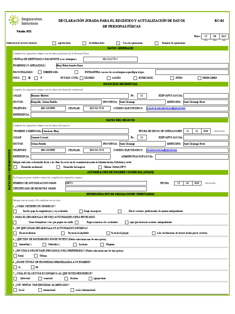 RC-01 Declaración Jurada para El Registro y Actualización de Datos de Personas Físicas, Vers ...
