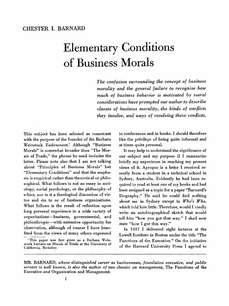 Elementary Conditions of Business Morals: Chester Barnard | PDF ...