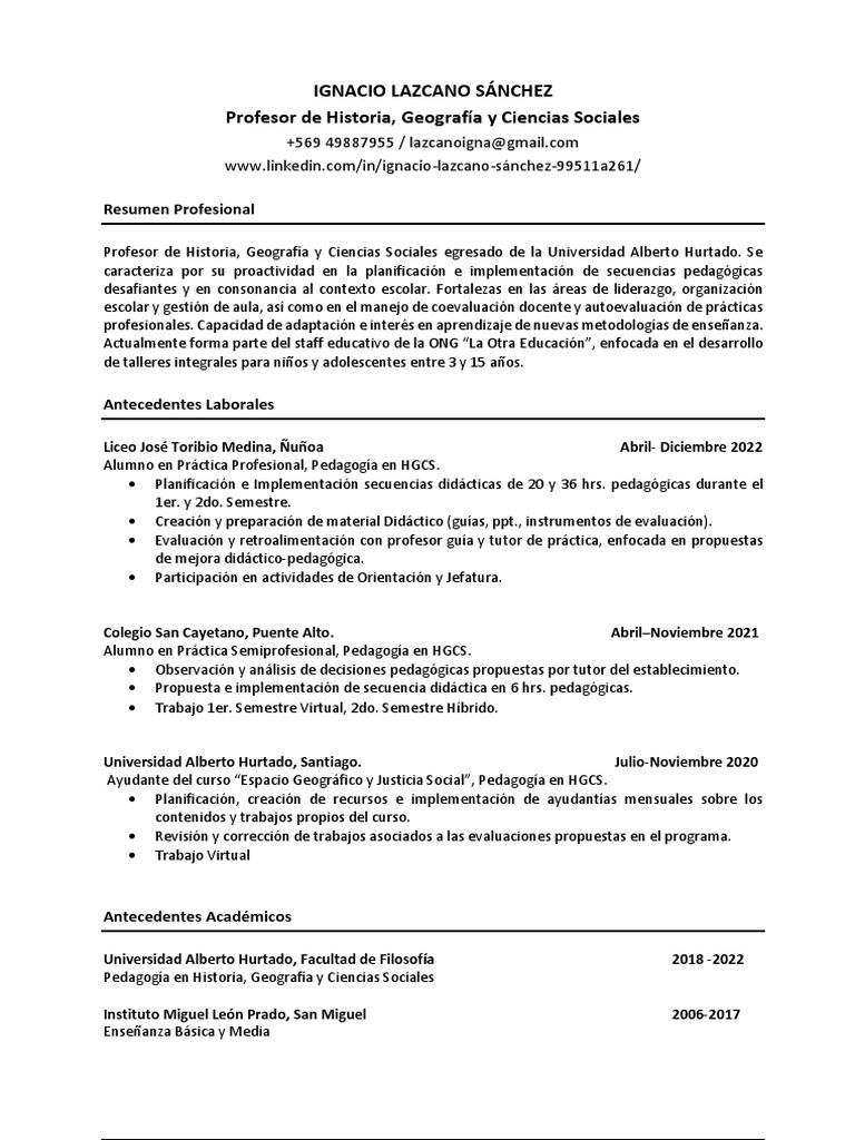 Curriculum Vitae-Ignacio Lazcano PDF | PDF | Pedagogía | Maestros