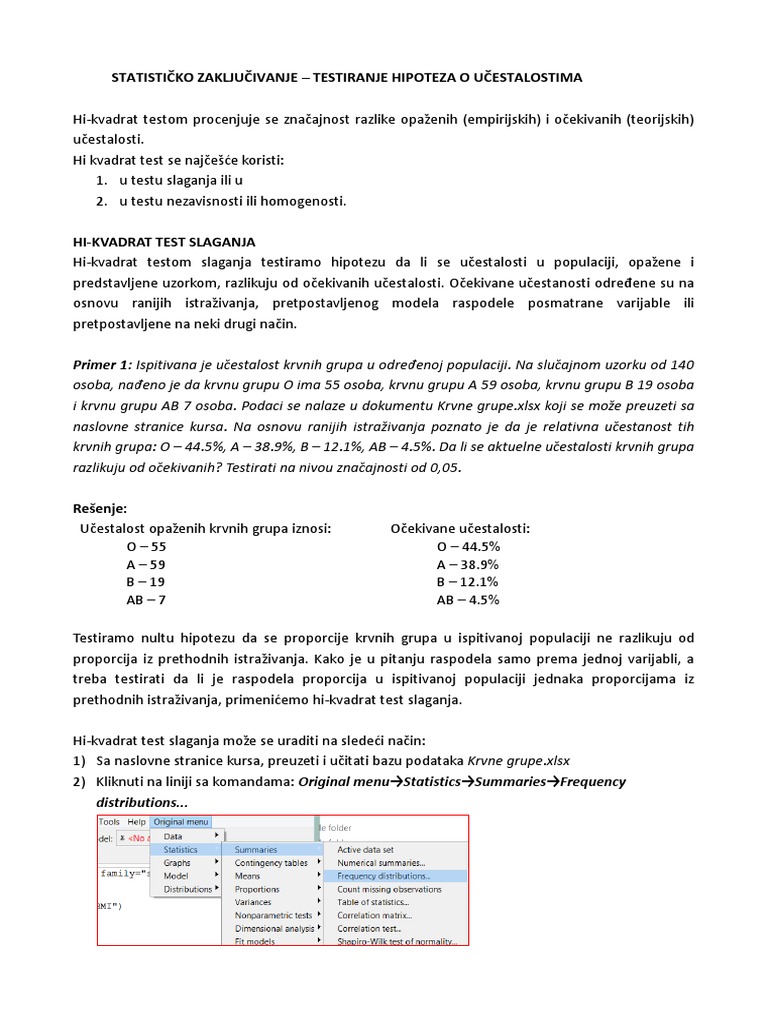 EZR Statističko Zaključivanje - Testiranje Hipoteza o Učestalostima ...