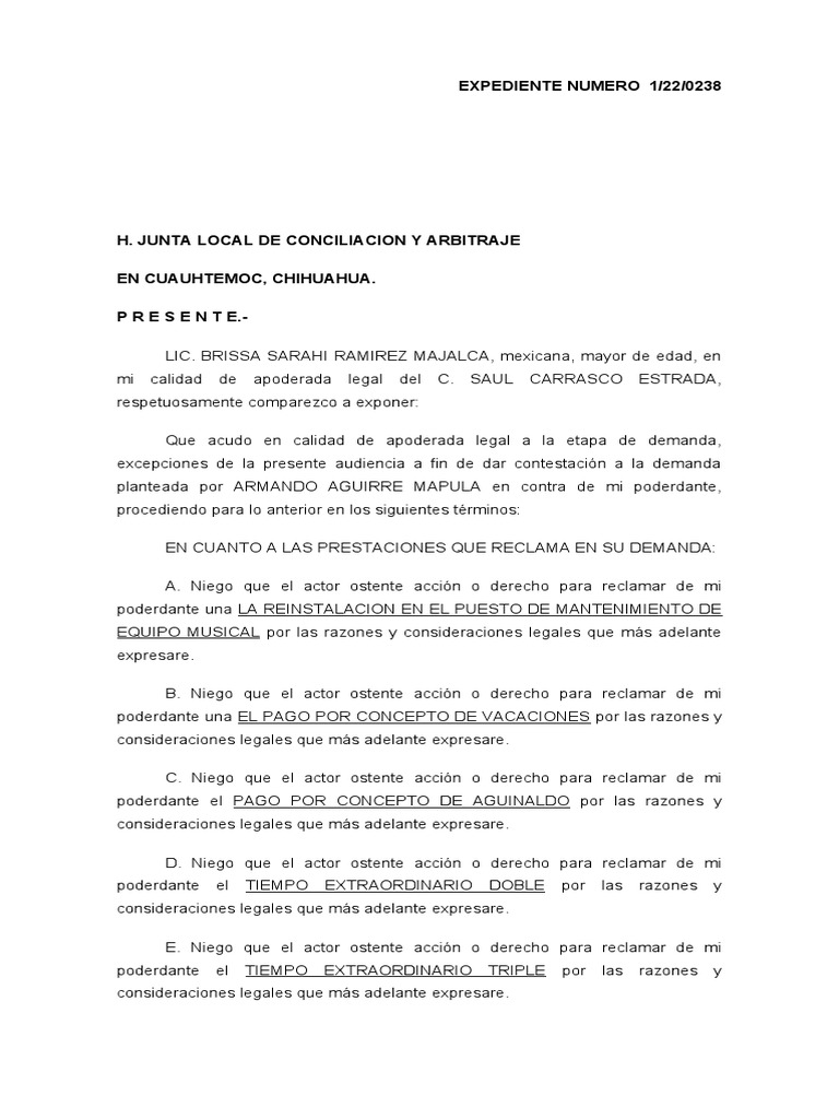 CONTESTACION LABORAL NEGANDO RELACION LABORAL | PDF